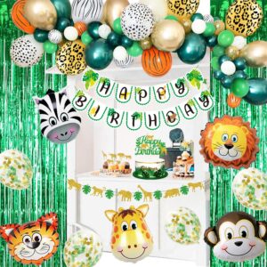 naiwoxi safari birthday decorations 90pcsset jungle theme party supplies set including animal foil balloons, foil curtains, cake toppers, banner, jungle balloon garland kit, safari baby shower