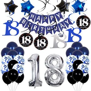 18th birthday decorations for boys and girls dark blue, happy birthday banner silver number 18 balloons, deep blue theme party for him - 18 years old birthday party supplies kit for her