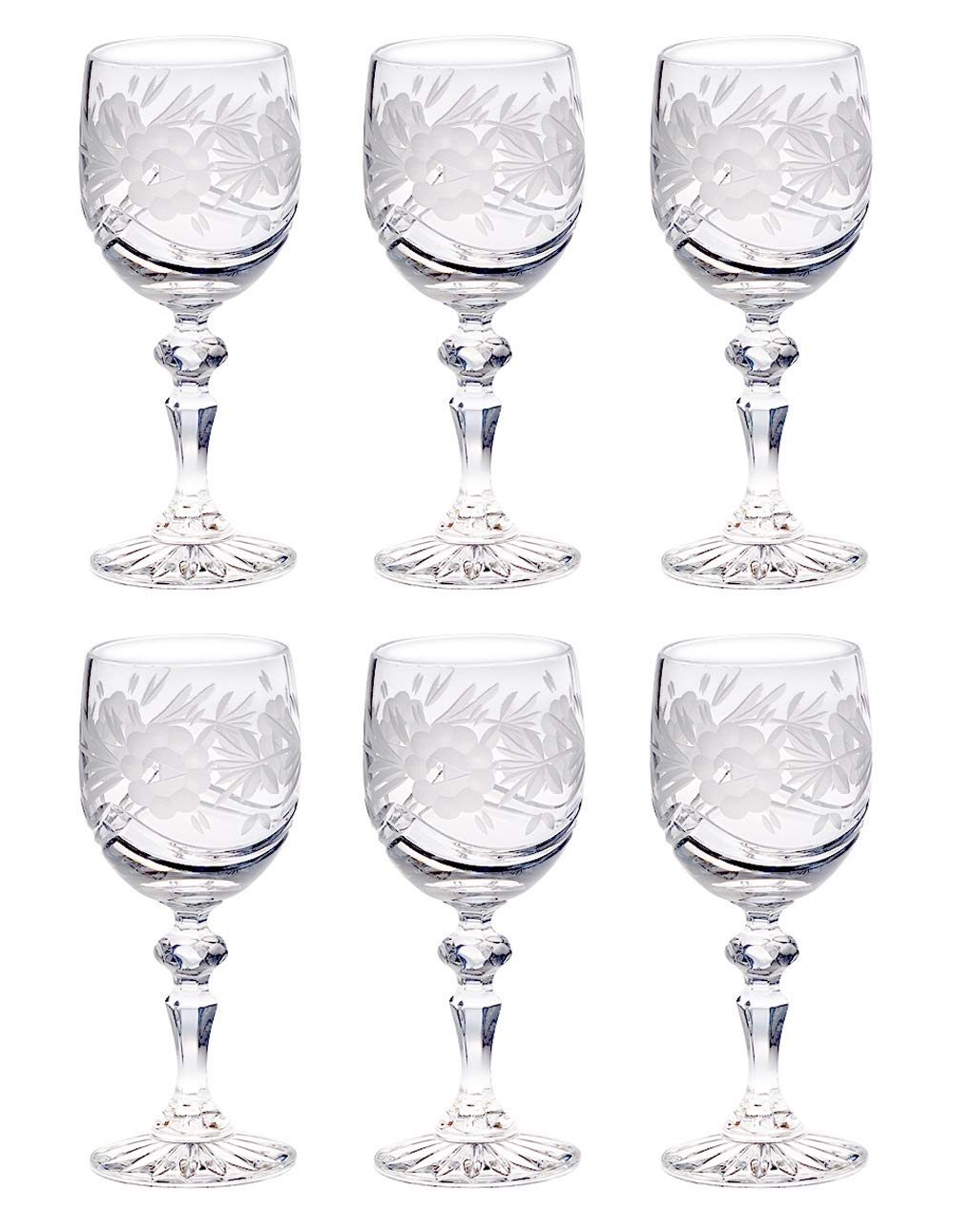 Barski Wine Goblet - Crystal - Glasses - Set of 6 - Red or White Wine Glass - Beautifully Hand Cut - Flower Design - 6 oz. - European Quality Made in Europe