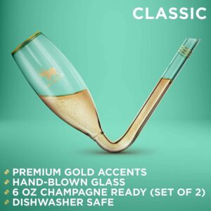 Chambong - Champagne Flute Party Set - 2 Glass Champagne Shooters (6 oz) & 1 Dark Wood Flute Holder (Holds 2) - Perfect for Bachelorette Party Favors, Engagement Gifts & White Elephant Gifts