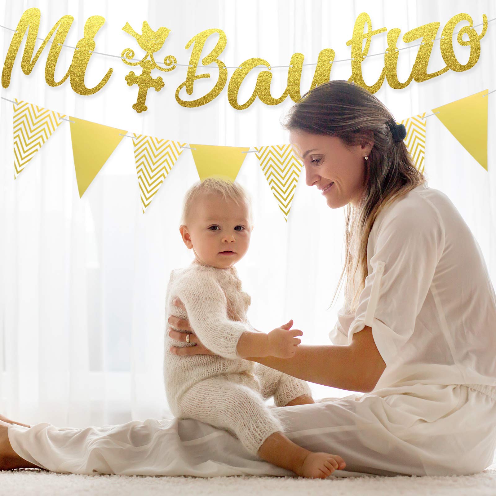 Gold Glitter Mi Bautizo Banner Mi Bautizo Cake Topper Decorations Glitter Triangle Flag Banner First Holy Communion Decorations for Baby Shower Baptism Girls boys Christening Celebration Decor