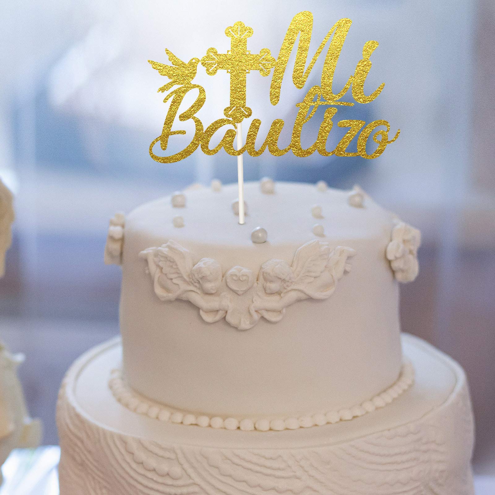 Gold Glitter Mi Bautizo Banner Mi Bautizo Cake Topper Decorations Glitter Triangle Flag Banner First Holy Communion Decorations for Baby Shower Baptism Girls boys Christening Celebration Decor