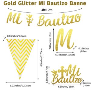 Gold Glitter Mi Bautizo Banner Mi Bautizo Cake Topper Decorations Glitter Triangle Flag Banner First Holy Communion Decorations for Baby Shower Baptism Girls boys Christening Celebration Decor