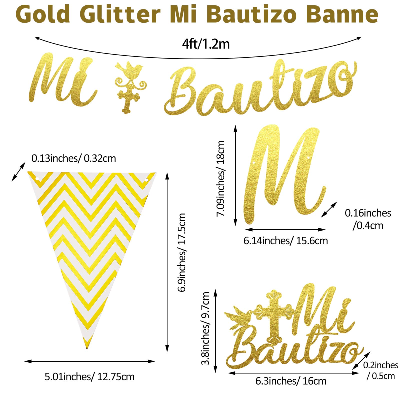 Gold Glitter Mi Bautizo Banner Mi Bautizo Cake Topper Decorations Glitter Triangle Flag Banner First Holy Communion Decorations for Baby Shower Baptism Girls boys Christening Celebration Decor