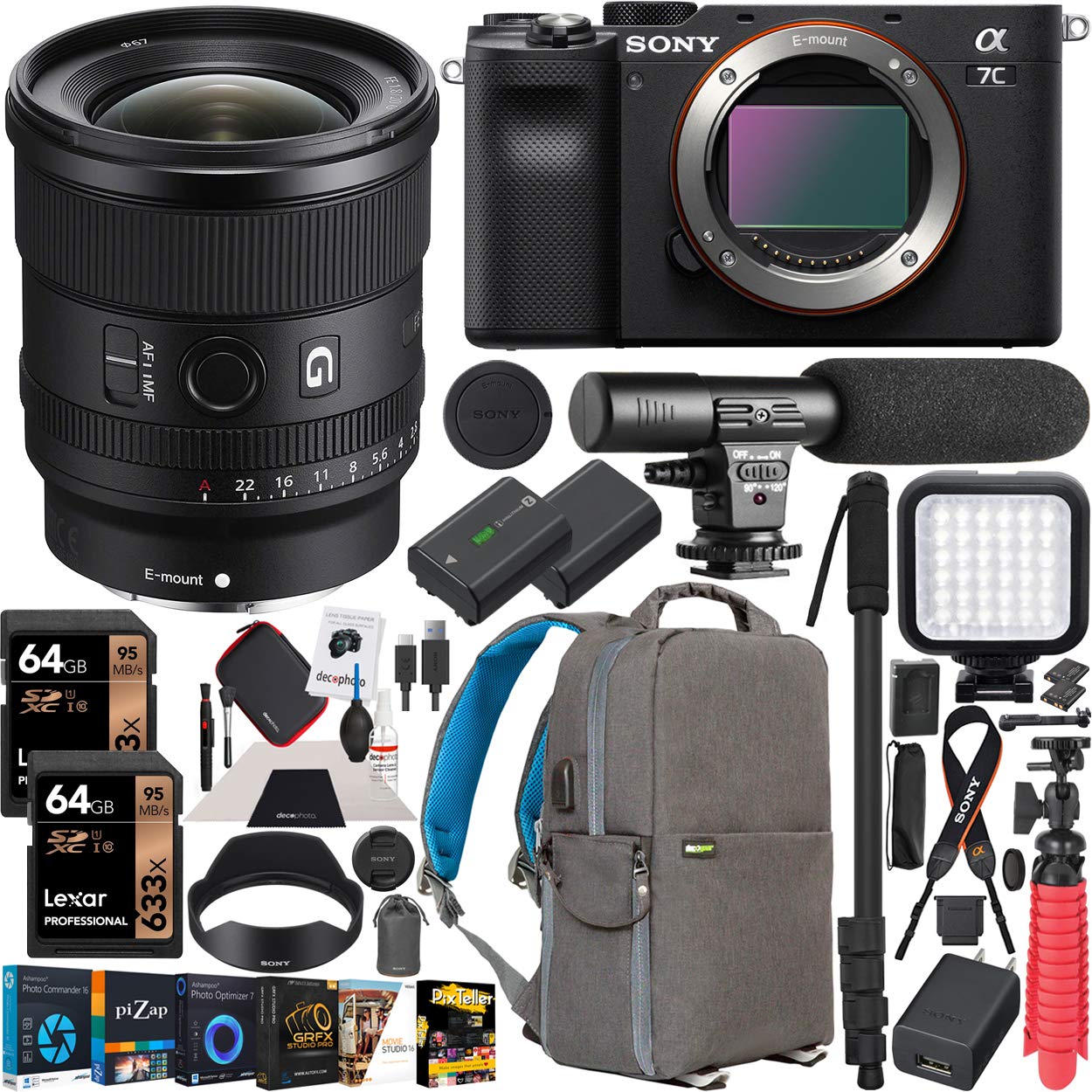 Sony a7C Mirrorless Full Frame Camera Body with Sony FE 20mm F1.8 G Lens SEL20F18G Black ILCE7C/B Bundle with Deco Gear Photography Backpack Case, Software and Accessories