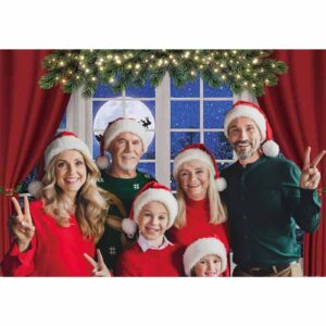 Allenjoy 7x5ft Christmas Window Photography Backdrop Winter Wonderland Snow Tree Starry Sky Moon Reindeer Santa Xmas Photocall Background Party Banner Decor Baby Kids Family Photo Shoot Booth Props