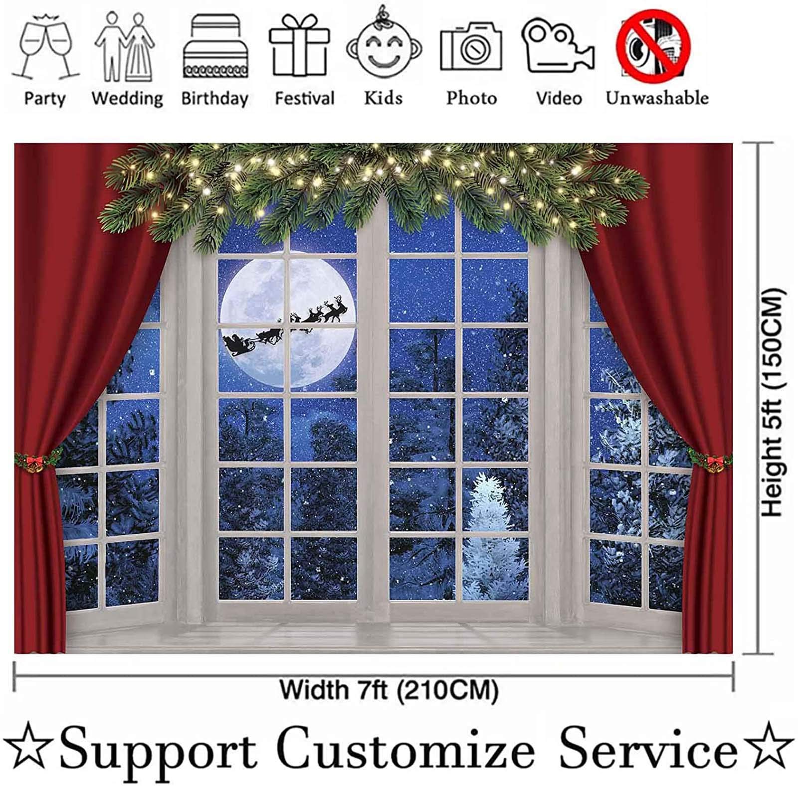 Allenjoy 7x5ft Christmas Window Photography Backdrop Winter Wonderland Snow Tree Starry Sky Moon Reindeer Santa Xmas Photocall Background Party Banner Decor Baby Kids Family Photo Shoot Booth Props