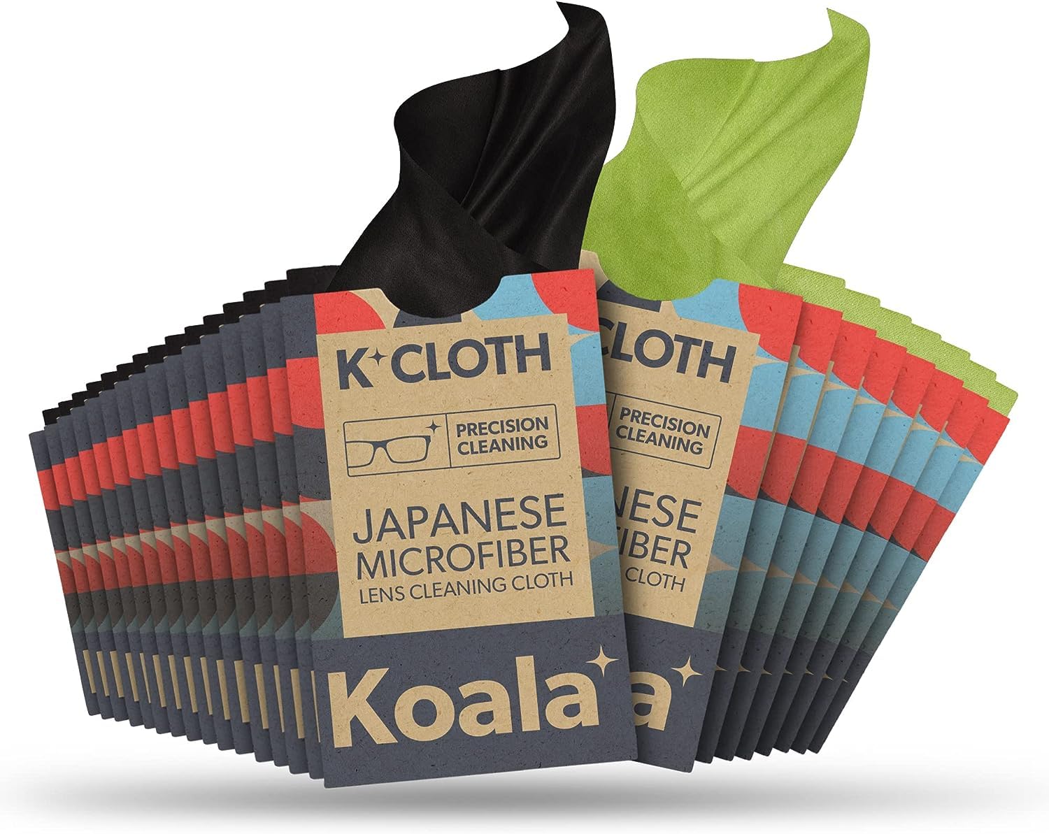 Koala Lens Cleaning Cloth | Japanese Microfiber | Glasses Cleaning Cloths | Eyeglass Lens Cleaner | Eyeglasses, Camera Lens, VR/AR Headset, and Screen Cleaning | Black & Green (Pack of 24)