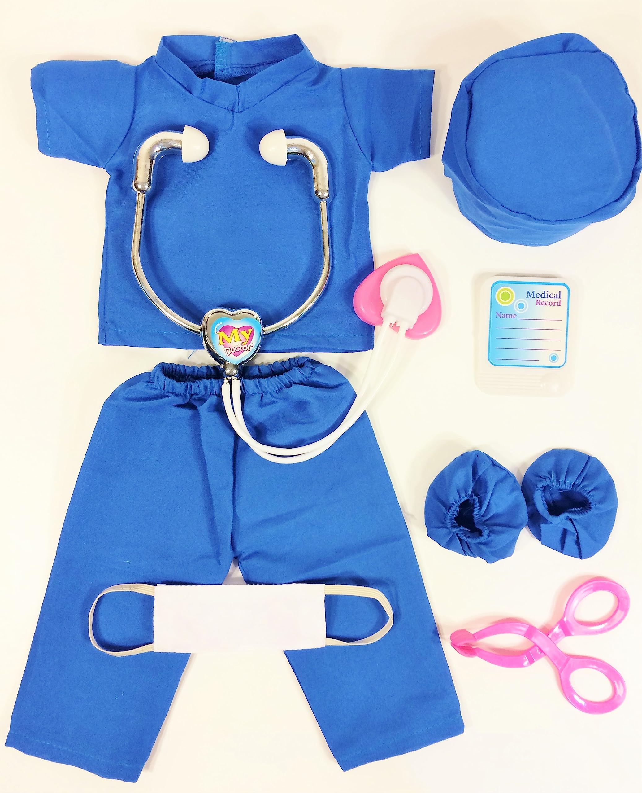 7 Piece Nurse, Doctor, Scrubs Doll Clothes Mask Medical Kit fits 18 Inch American Girl Doll Blue