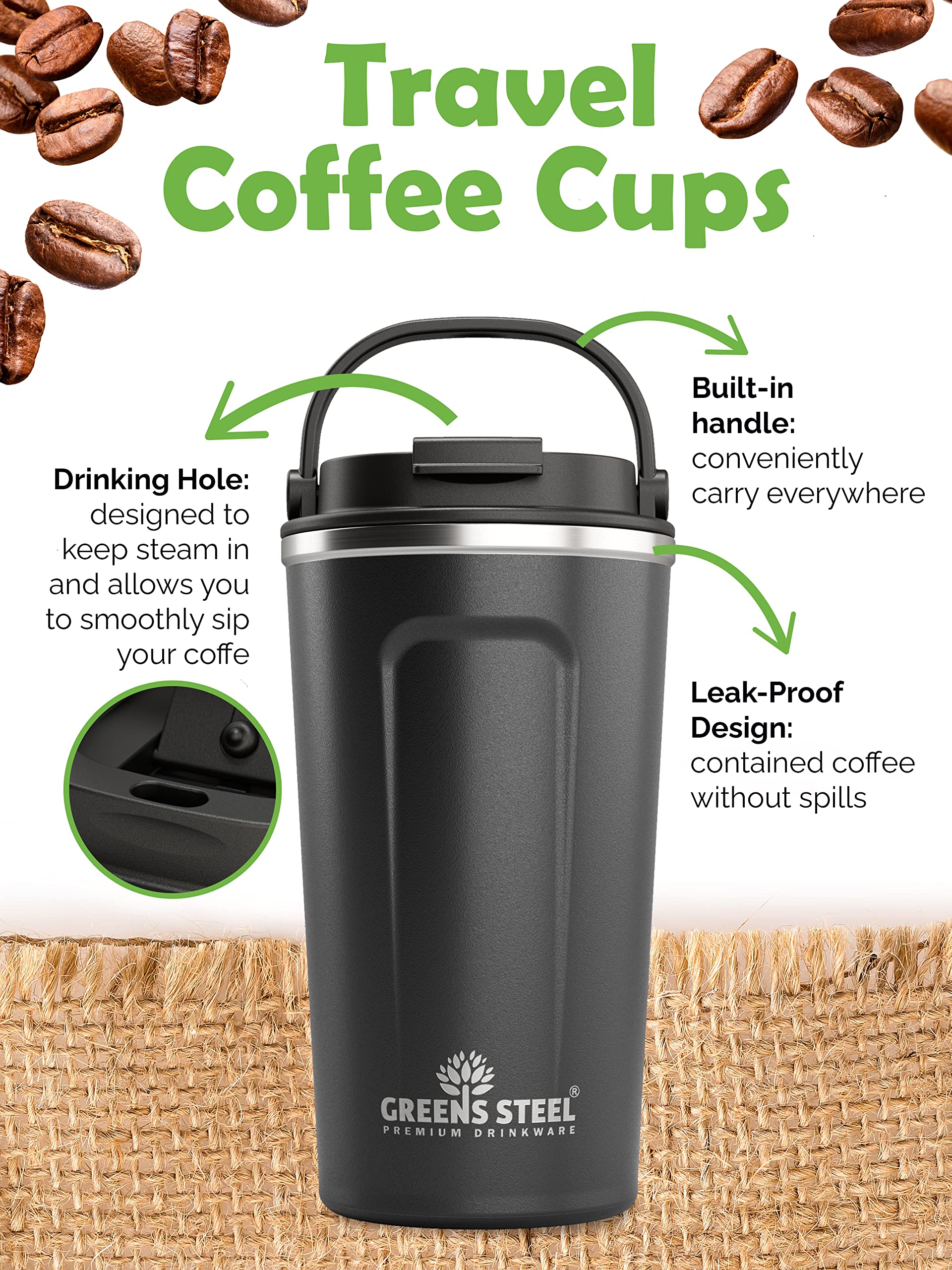 Reusable Coffee Cup with Lid and Handle - Stainless Steel Insulated Coffee Mug for Hot & Cold Drinks - Ideal Travel Mugs - 100% Leak-Proof Tumbler - 16 oz Black