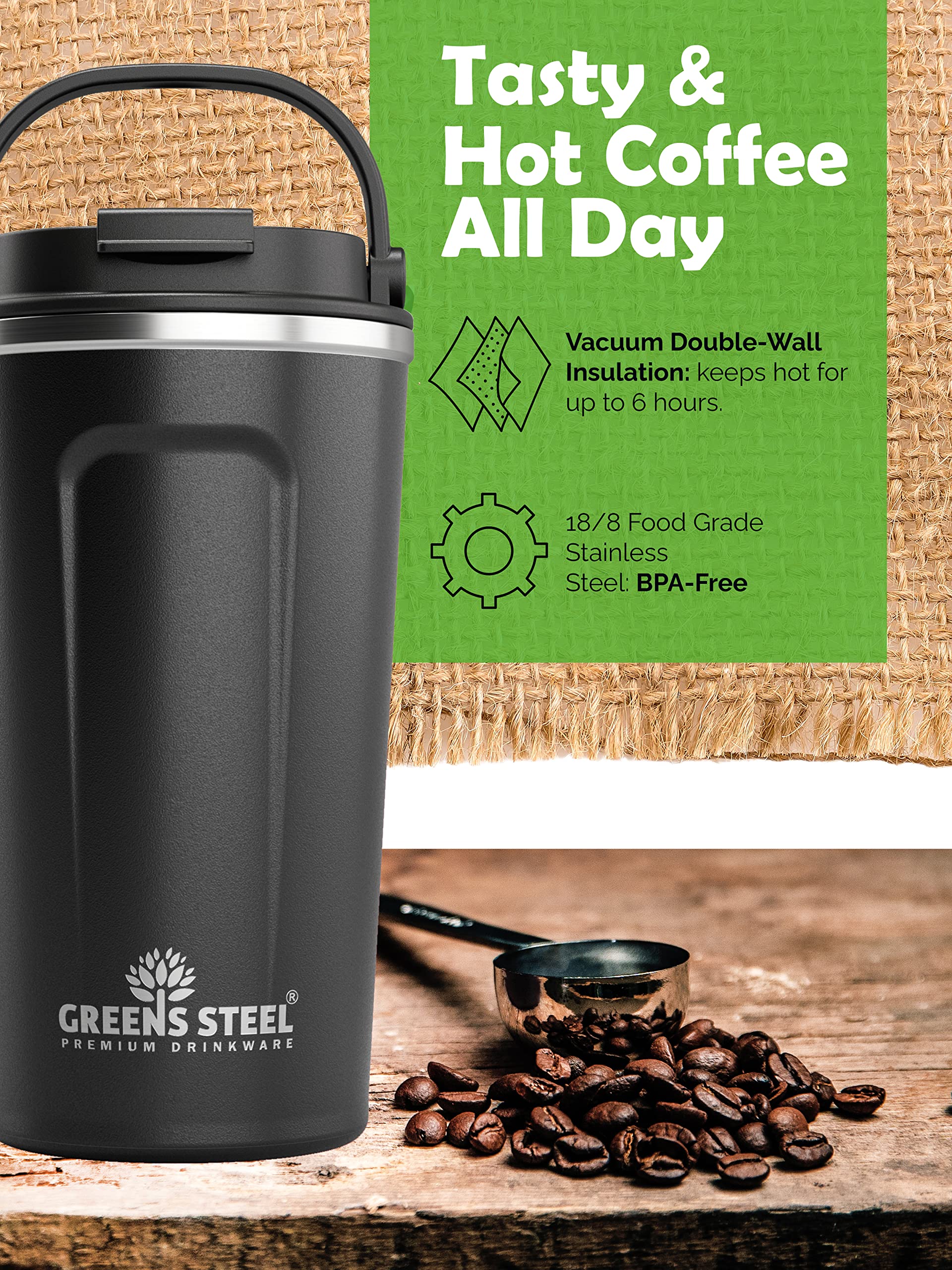 Reusable Coffee Cup with Lid and Handle - Stainless Steel Insulated Coffee Mug for Hot & Cold Drinks - Ideal Travel Mugs - 100% Leak-Proof Tumbler - 16 oz Black