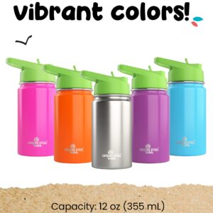 Kids Water Bottle - 12oz Stainless | Leak Proof With Straw & Handle | 24 Hours Cold | Insulated, Double Wall Stainless Steel | Easy Sip Toddler Cup | Child's Flask | Eco Friendly