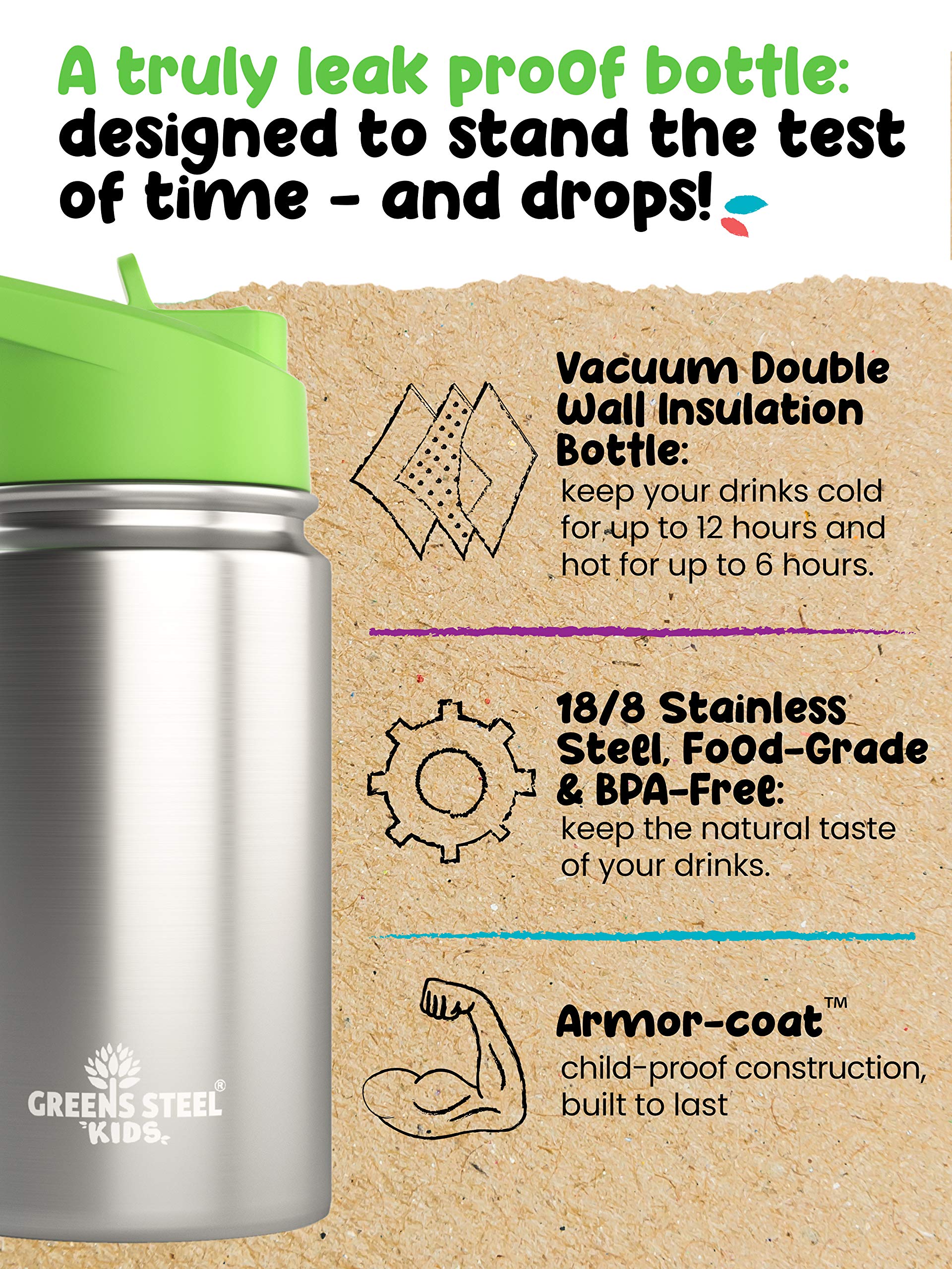 Kids Water Bottle - 12oz Stainless | Leak Proof With Straw & Handle | 24 Hours Cold | Insulated, Double Wall Stainless Steel | Easy Sip Toddler Cup | Child's Flask | Eco Friendly