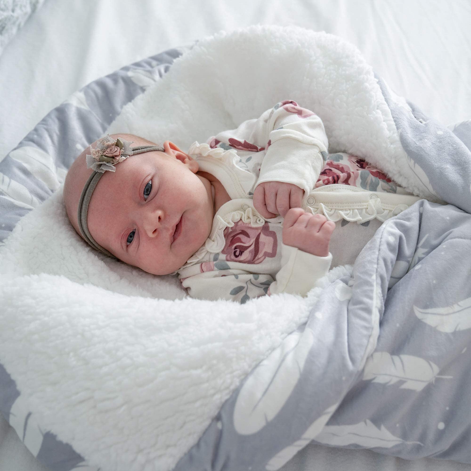 Snuggle Baby Swaddle Blanket for Baby Boy or Girl 0-9 Months - Multi Use Baby Wrap Swaddle - Soft, Plush Exterior and Warm Fleece Interior Lining Keep Newborn Snug and Cozy - Boho Feathers