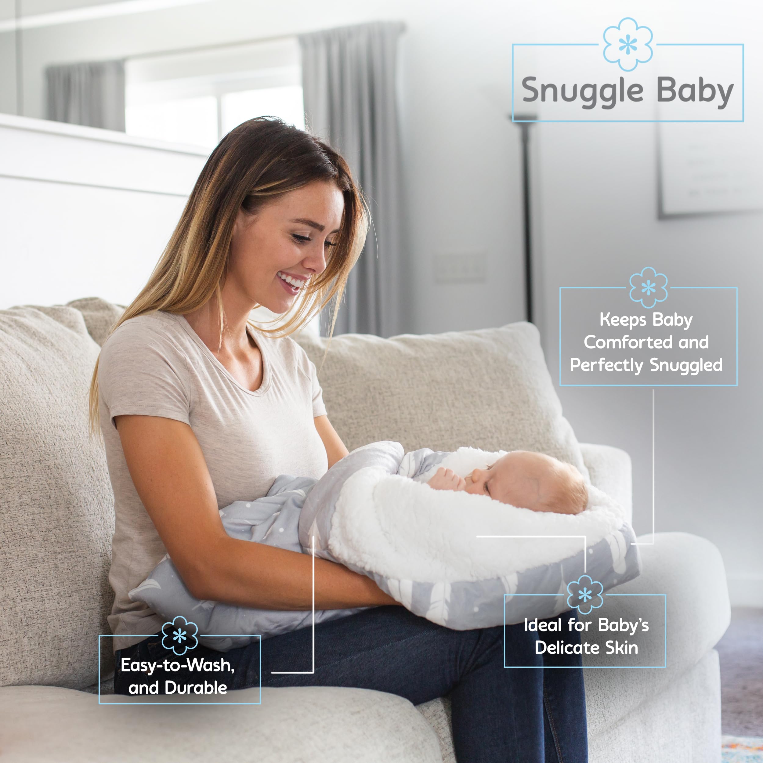 Snuggle Baby Swaddle Blanket for Baby Boy or Girl 0-9 Months - Multi Use Baby Wrap Swaddle - Soft, Plush Exterior and Warm Fleece Interior Lining Keep Newborn Snug and Cozy - Boho Feathers