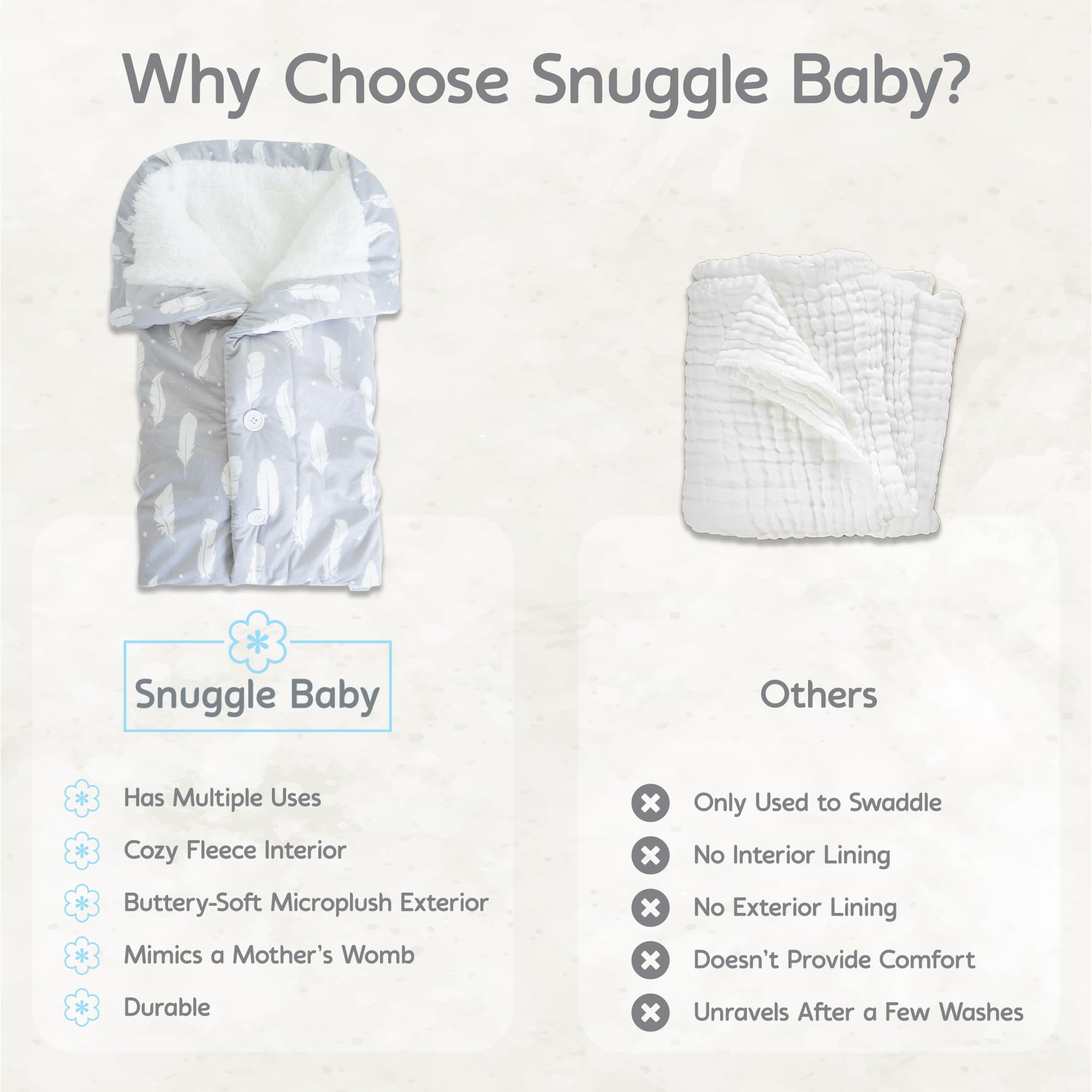 Snuggle Baby Swaddle Blanket for Baby Boy or Girl 0-9 Months - Multi Use Baby Wrap Swaddle - Soft, Plush Exterior and Warm Fleece Interior Lining Keep Newborn Snug and Cozy - Boho Feathers