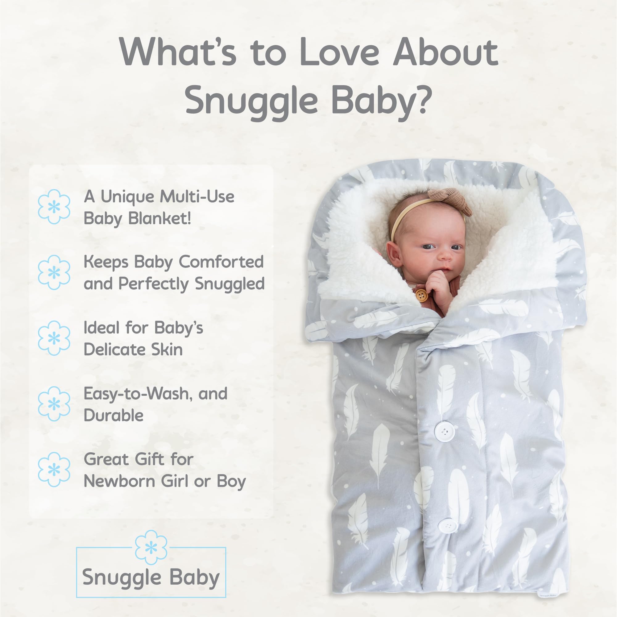 Snuggle Baby Swaddle Blanket for Baby Boy or Girl 0-9 Months - Multi Use Baby Wrap Swaddle - Soft, Plush Exterior and Warm Fleece Interior Lining Keep Newborn Snug and Cozy - Boho Feathers