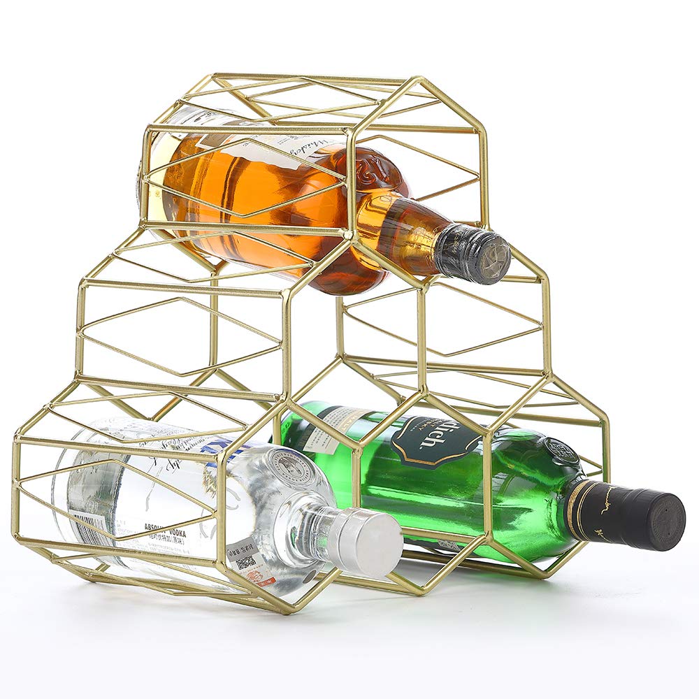 Jemeni Gold Wine Rack, Countertop Tabletop Honeycomb Small Wine Holder 6 Bottles