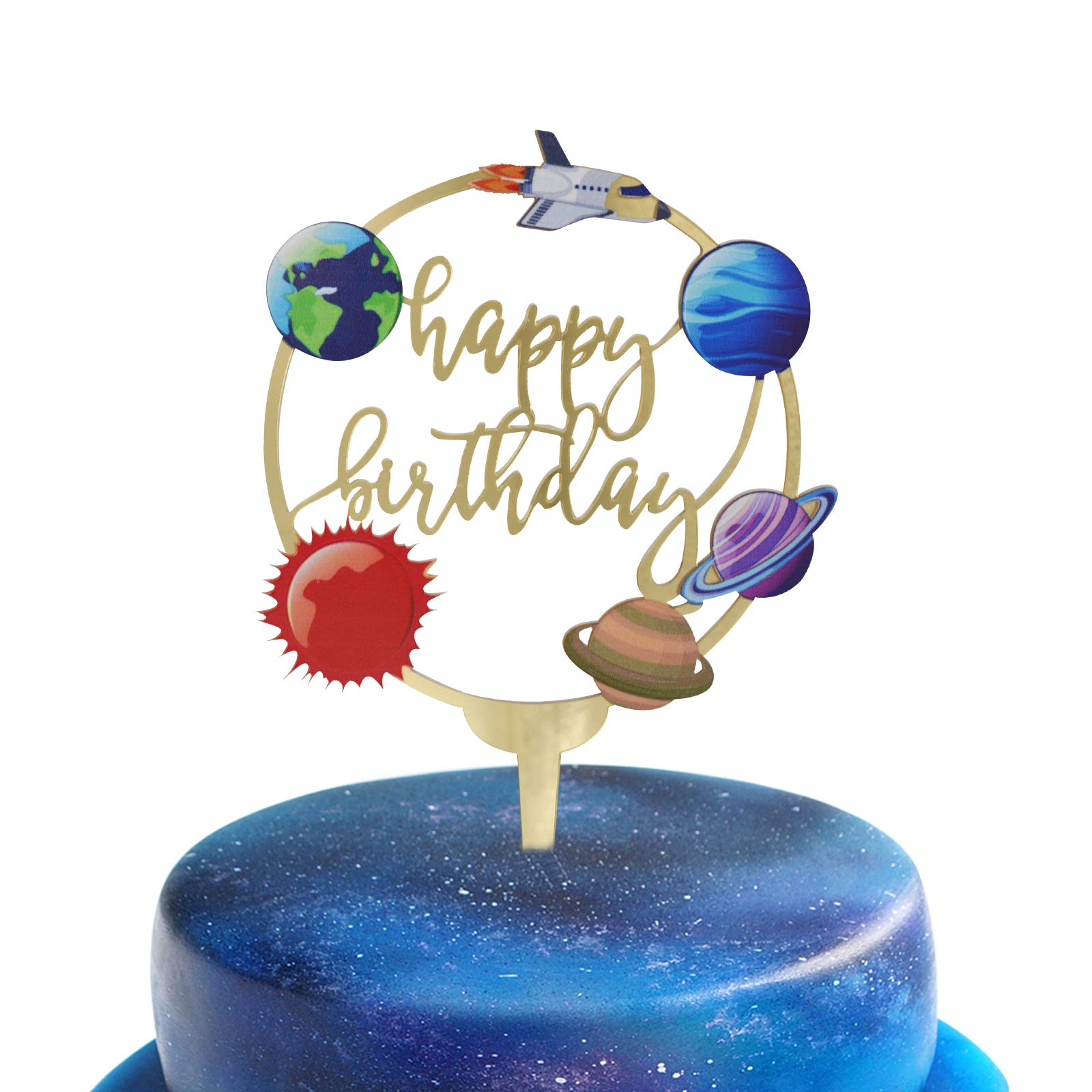 Happy Birthday Acrylic Cake Toppers for Outer Space Theme Birthday Party Decorations, Rocket Galaxy Planet Cake Toppers for Kids (Gold)