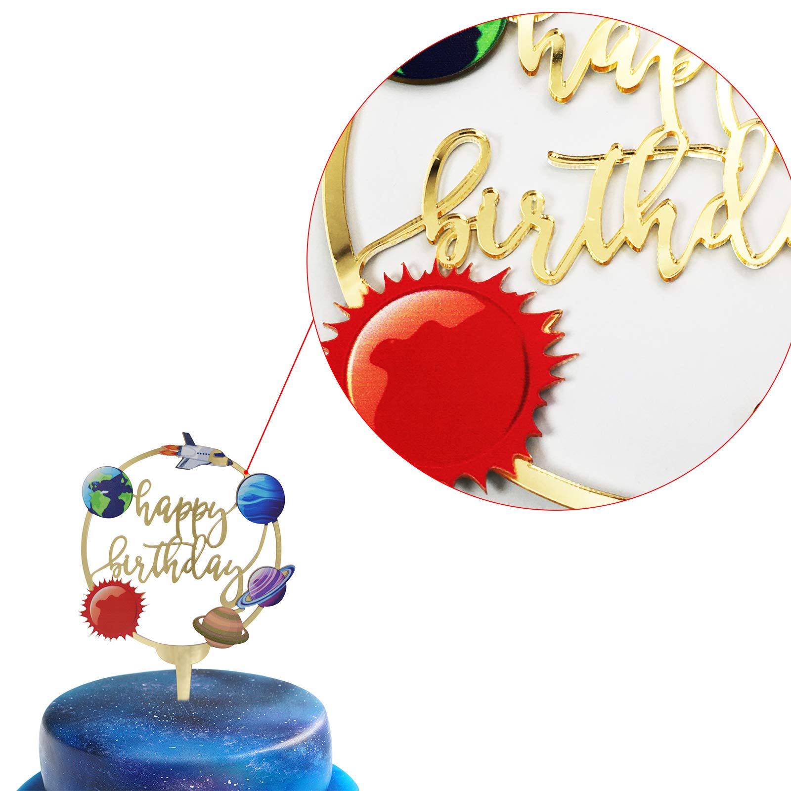 Happy Birthday Acrylic Cake Toppers for Outer Space Theme Birthday Party Decorations, Rocket Galaxy Planet Cake Toppers for Kids (Gold)