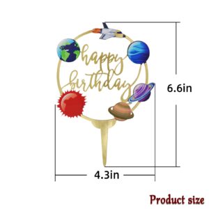 Happy Birthday Acrylic Cake Toppers for Outer Space Theme Birthday Party Decorations, Rocket Galaxy Planet Cake Toppers for Kids (Gold)