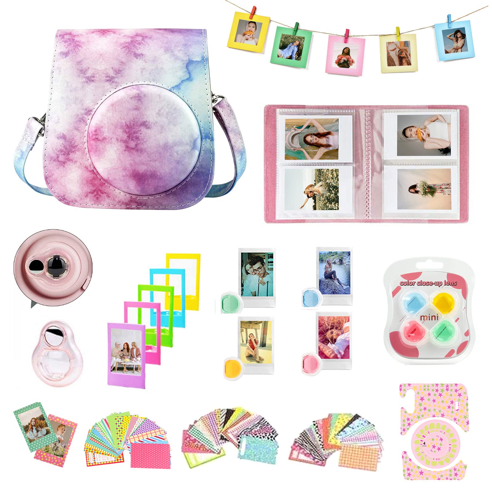 CAIYOULE Fujifilm Instax Mini 11 Camera Accessories Kit Bundle with Protective Case & Mini Album & Frames & DIY Sticker & Filter (Blue Pink Clouds)