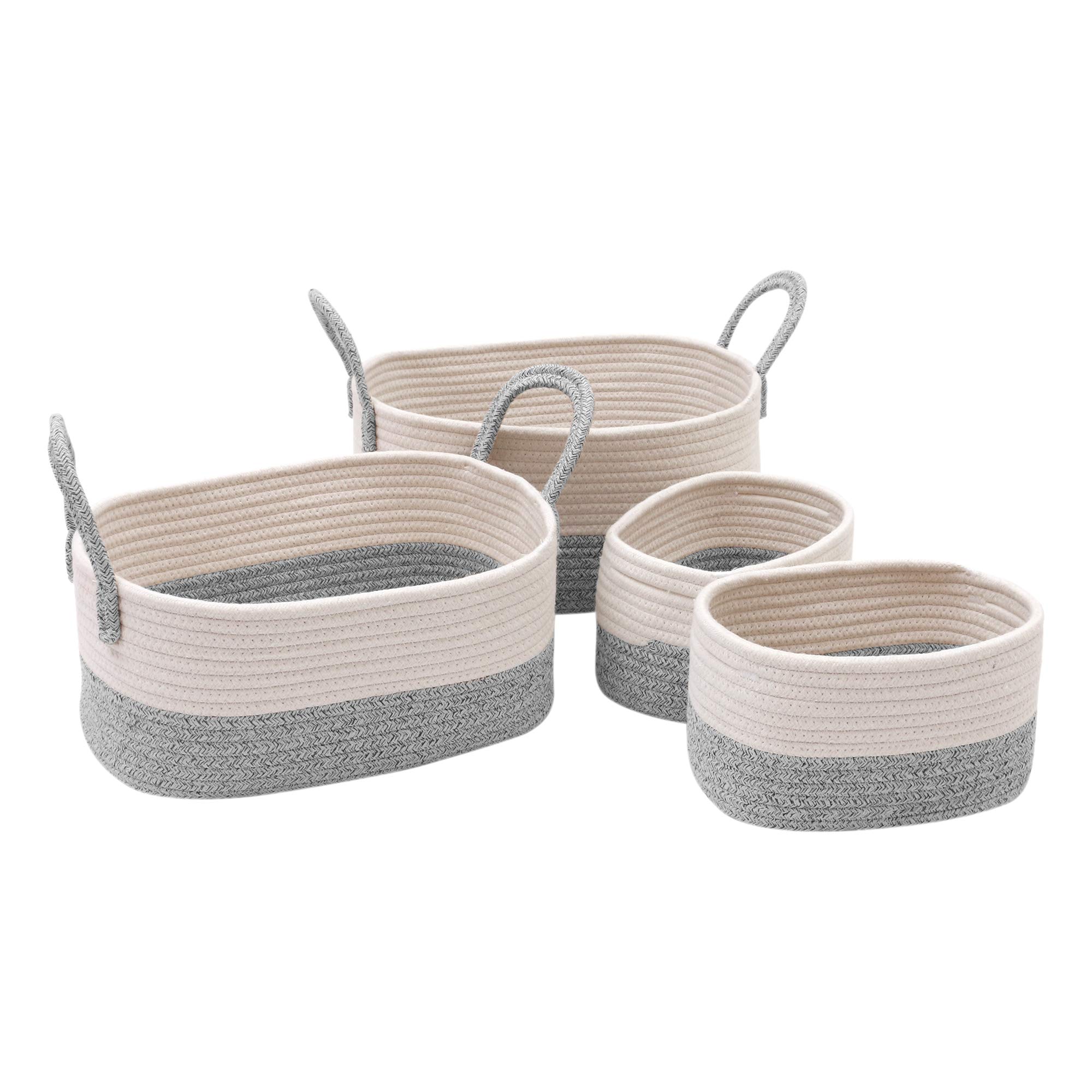 E-HOUPRO Storage Baskets Set of 4,Cotton Rope Woven Organizer Bins Foldable Decorative Basket with Handles for Baby Nursery Laundry Kid's Toy,Grey