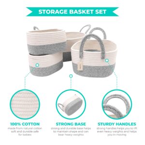 E-HOUPRO Storage Baskets Set of 4,Cotton Rope Woven Organizer Bins Foldable Decorative Basket with Handles for Baby Nursery Laundry Kid's Toy,Grey