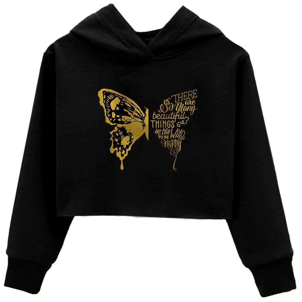 G-Amber Kids Crop Tops Girls Hoodies Cute letters Long Sleeve Fashion Sweatshirts Black Butterfly