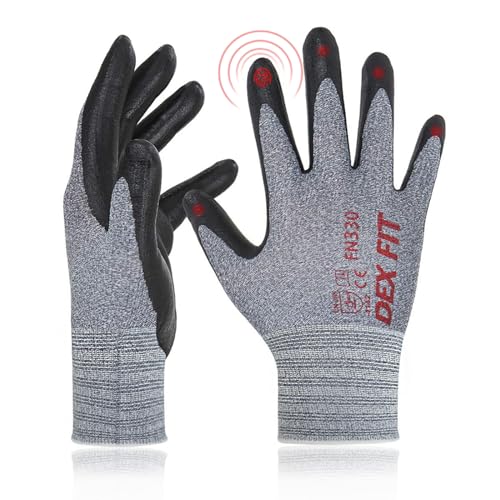 DEX FIT Nitrile Work Gloves FN330, 1 Pair, 3D-Comfort Stretchy Fit, Firm Grip, Thin & Lightweight, Touch-Screen Compatible, Durable, Breathable & Cool, Machine Washable; Grey S (7)