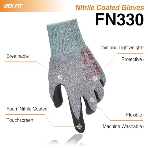 DEX FIT Nitrile Work Gloves FN330, 1 Pair, 3D-Comfort Stretchy Fit, Firm Grip, Thin & Lightweight, Touch-Screen Compatible, Durable, Breathable & Cool, Machine Washable; Grey S (7)