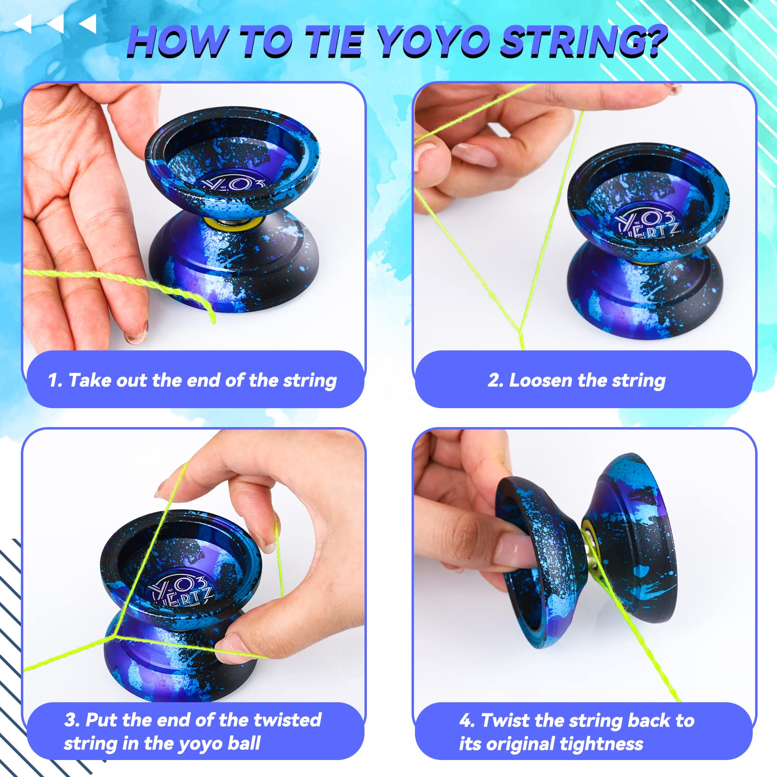 Professional Yoyo Y03-Hertz, Unresponsive Yoyo for Kids/Adults, Pro Aluminum Metal Yo-Yo Ball for Intermediate Advanced + Extra 12 Yoyo Strings + Yoyo Bag + Yo-yo Bearing + Removal Tool (3 Acid Color)