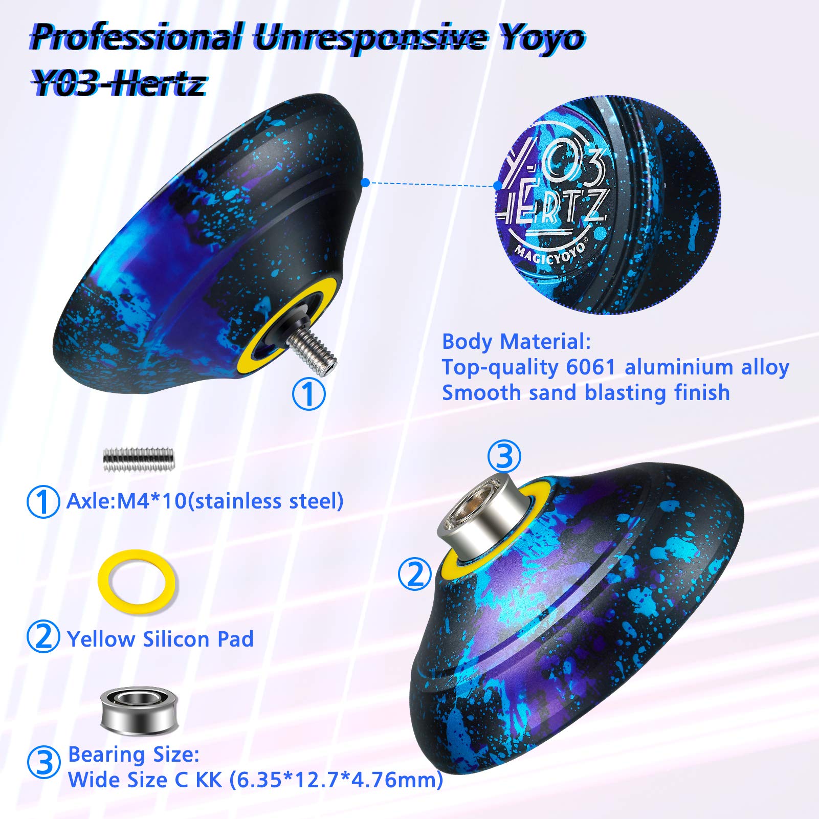 Professional Yoyo Y03-Hertz, Unresponsive Yoyo for Kids/Adults, Pro Aluminum Metal Yo-Yo Ball for Intermediate Advanced + Extra 12 Yoyo Strings + Yoyo Bag + Yo-yo Bearing + Removal Tool (3 Acid Color)