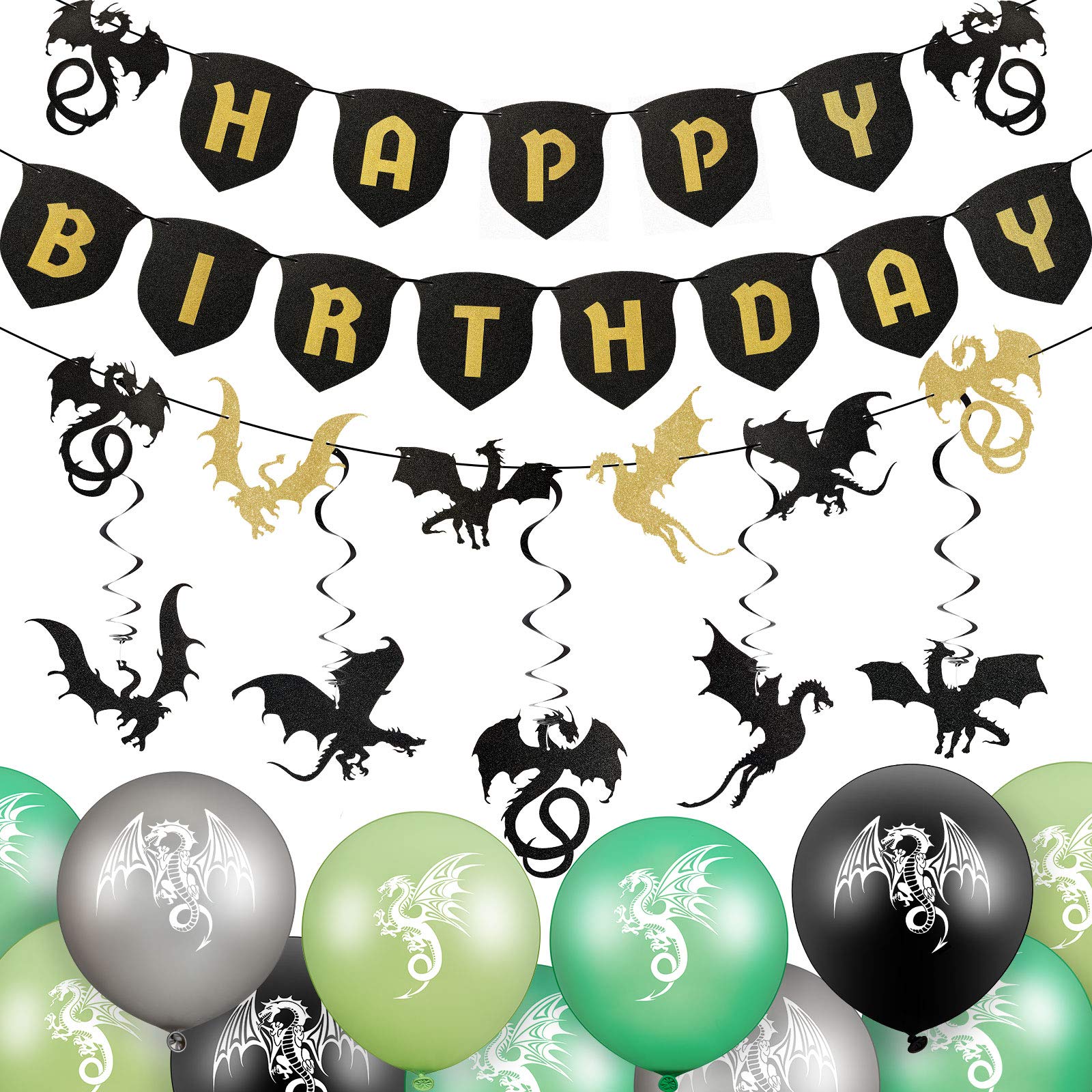 33 Pieces Dragon Birthday Party Supplies Dragon Decorations, 20 Dragon Balloons 3 Dragon Banners 10 Dragon Hanging Swirls for Dragon Themed Party Supplies