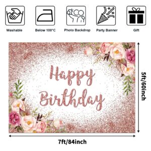 Avezano Rose Gold Birthday Backdrop for Girls Women Happy Birthday Party Photography Background Blush Pink Floral Rose Gold Glitters Confetti Bday Decoration Photoshoot Banner (7x5ft)