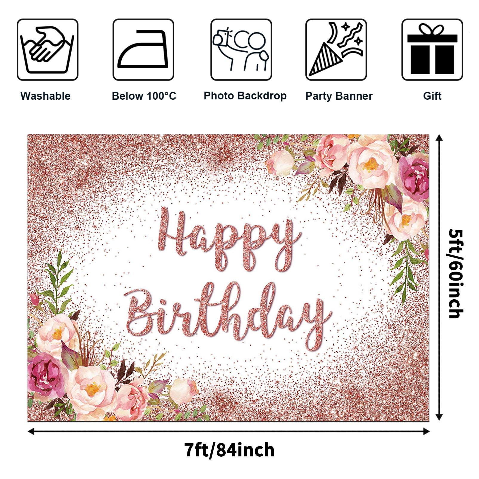 Avezano Rose Gold Birthday Backdrop for Girls Women Happy Birthday Party Photography Background Blush Pink Floral Rose Gold Glitters Confetti Bday Decoration Photoshoot Banner (7x5ft)