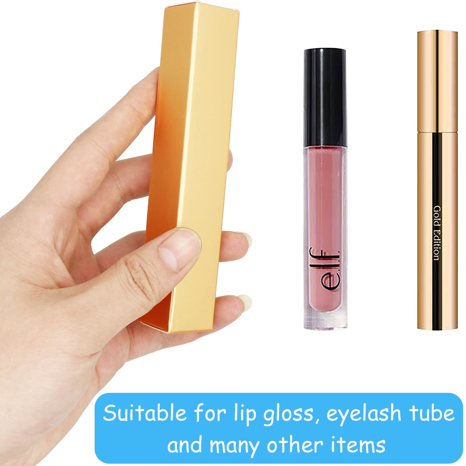 Lip Gloss Packaging,Empty Paper Boxes for Lipgloss Packaging Lip Gloss Boxes,Mascara Wand Tube Boxes Long Gold Lipgloss Case,Foldable Sample Wrapping DIY Makeup Organzier Storage(50PCS 4.7x0.8x0.8)