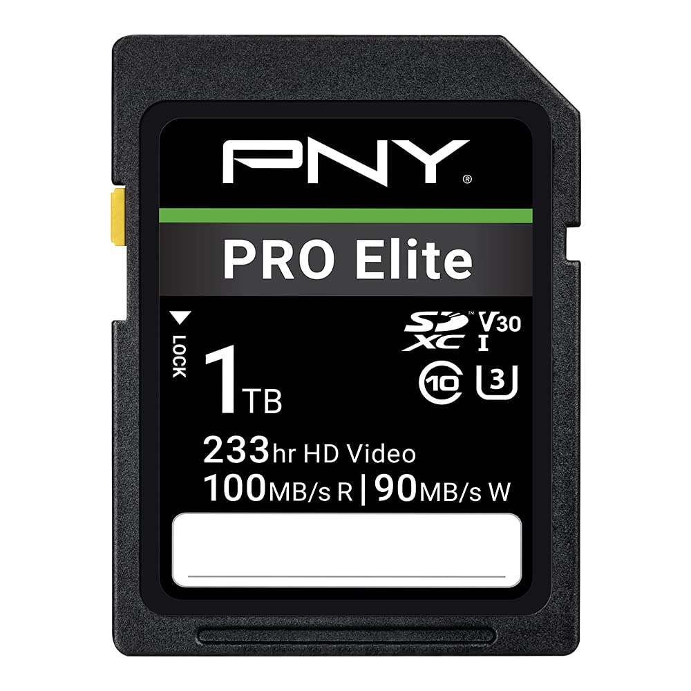 PNY 1TB PRO Elite Class 10 U3 V30 SDXC Flash Memory Card - 100MB/s, Class 10, U3, V30, 4K UHD, Full HD, UHS-I, Full Size SD