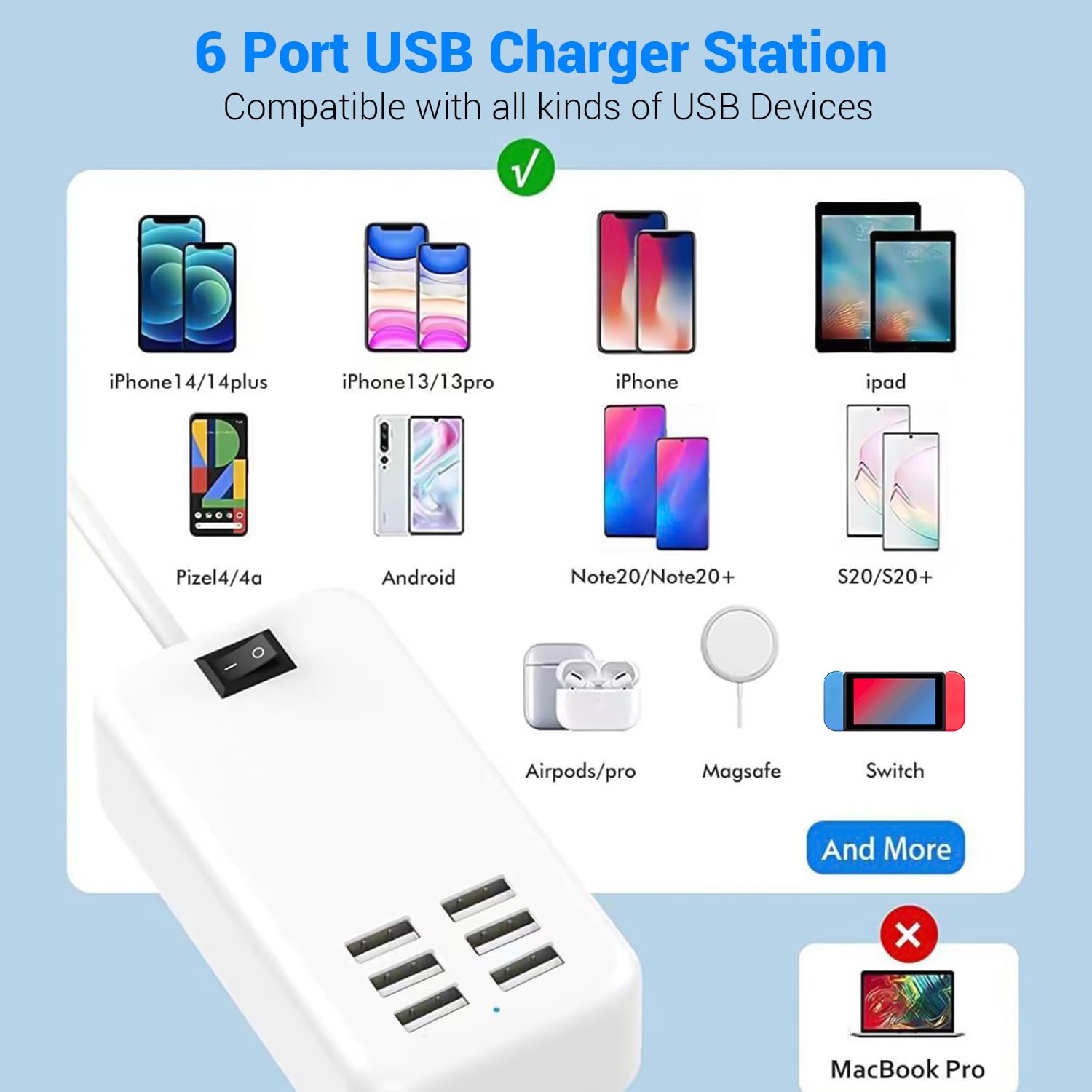 6 Ports USB Charger Hub Desktop US Plug AC Power Wall Travel Charging Adapter Slots Charging Station