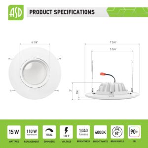 ASD 6 Gimbal Retrofit LED Can Recessed Light 4000K Bright White 15W 120V 1050Lm Dimmable Ceiling Downlights for Flat CRI 90, 6" Retrofit Recessed Eyeball Lighting Replacement, ETL, 12 Pack