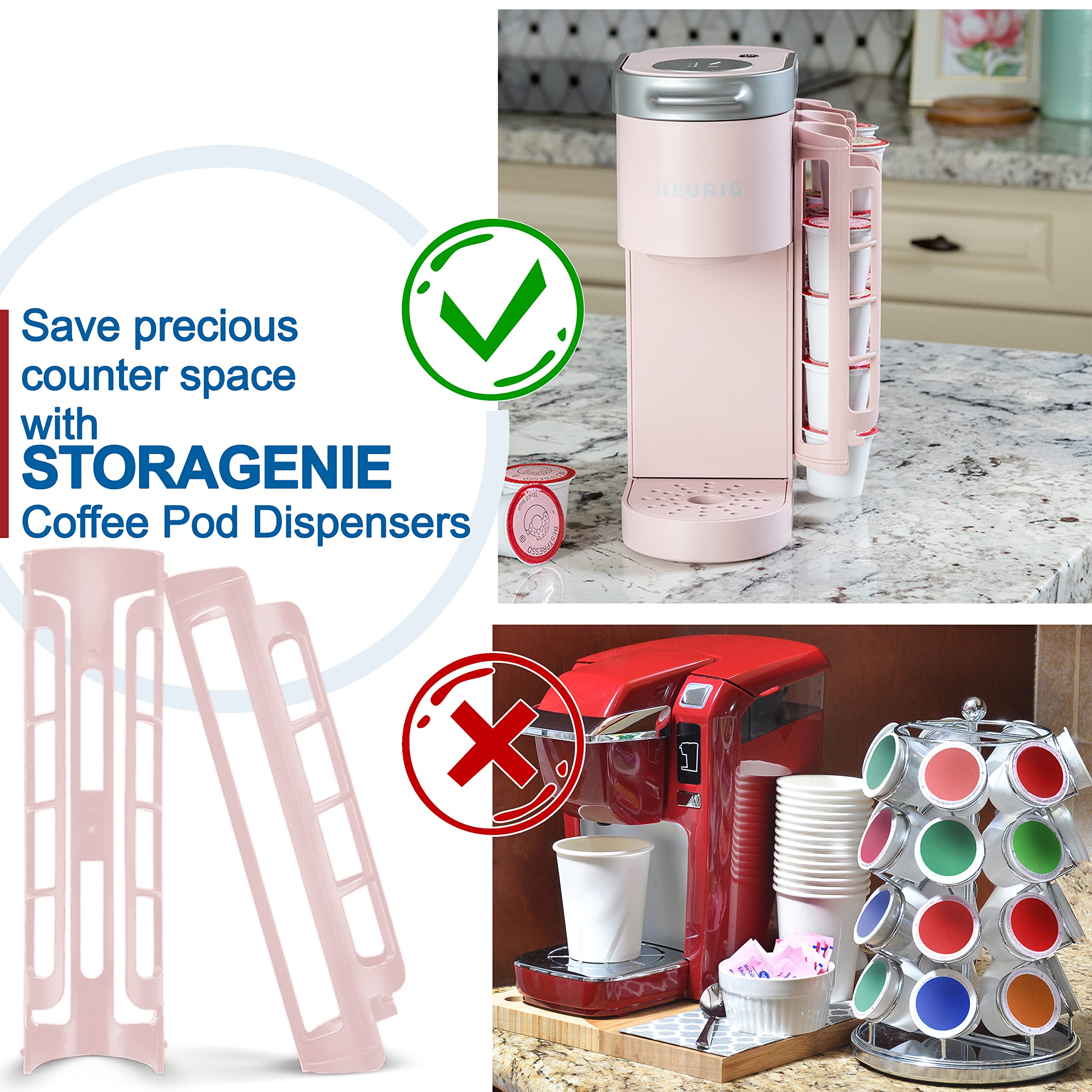 STORAGENIE Coffee Pod Holder for Keurig K-cup, Side Mount K Cup Storage, Perfect for Small Counters (2 Rows/For 10 K Cups, PINK)