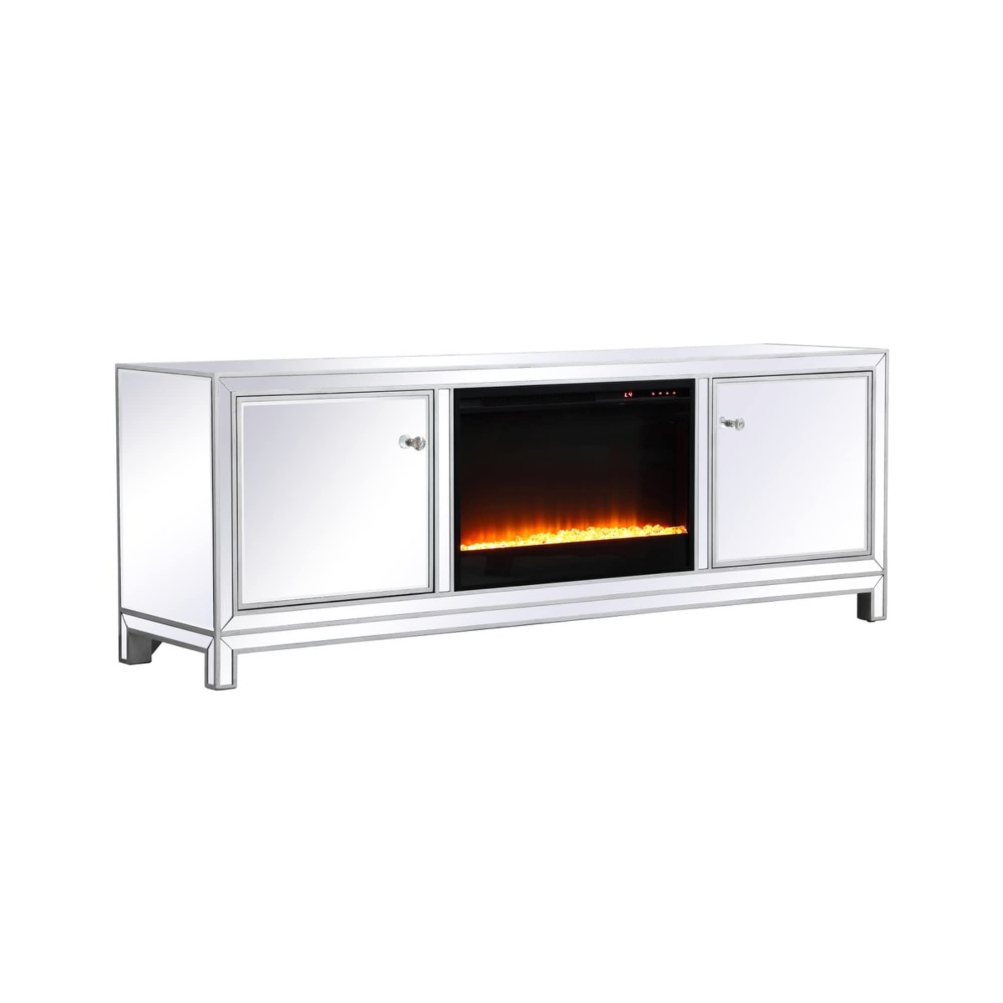 Elegant Decor Reflexion 72 in. Mirrored tv Stand with Crystal Fireplace in Antique Silver