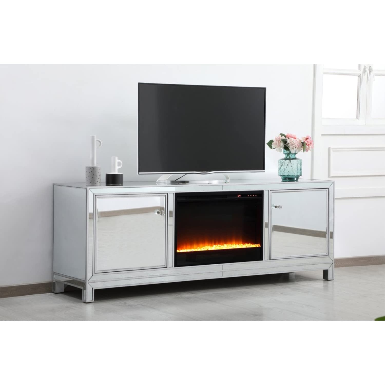 Elegant Decor Reflexion 72 in. Mirrored tv Stand with Crystal Fireplace in Antique Silver