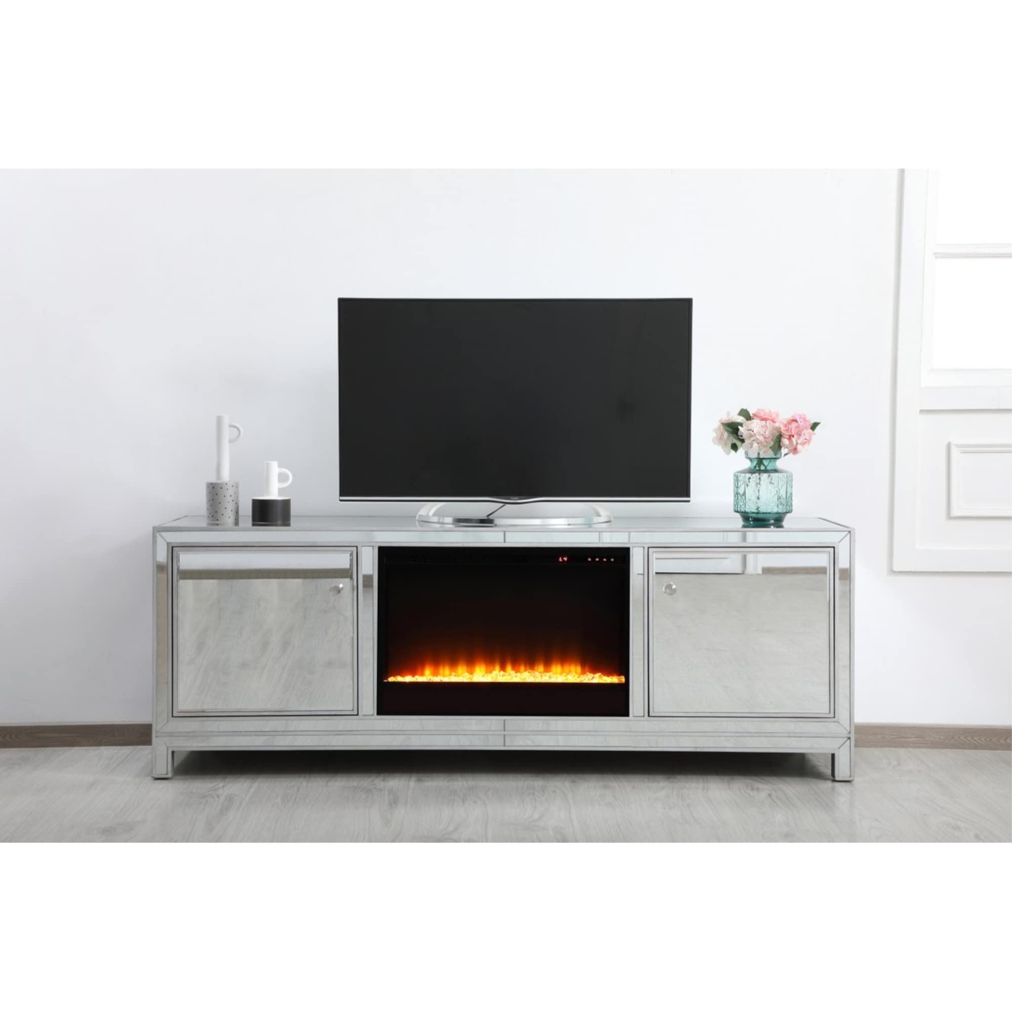 Elegant Decor Reflexion 72 in. Mirrored tv Stand with Crystal Fireplace in Antique Silver