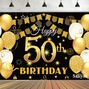 Saliyaa 7x5ft Happy 50th Birthday Backdrop,Happy Birthday Party Decoration, Black Gold Birthday Sign Poster Photo Booth Backdrop Background Banner for Men Women 50th Bday Anniversary Party Supplies