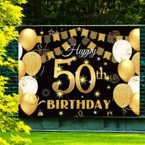 Saliyaa 7x5ft Happy 50th Birthday Backdrop,Happy Birthday Party Decoration, Black Gold Birthday Sign Poster Photo Booth Backdrop Background Banner for Men Women 50th Bday Anniversary Party Supplies