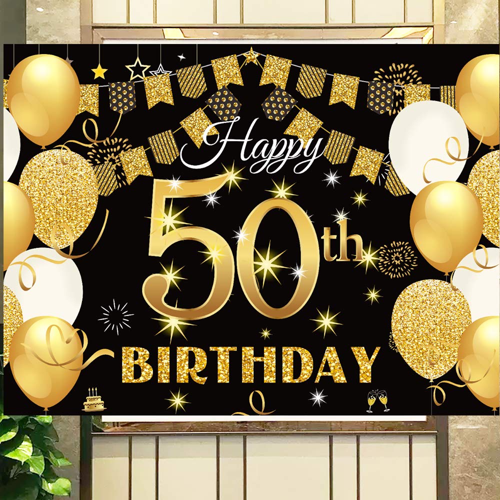 Saliyaa 7x5ft Happy 50th Birthday Backdrop,Happy Birthday Party Decoration, Black Gold Birthday Sign Poster Photo Booth Backdrop Background Banner for Men Women 50th Bday Anniversary Party Supplies