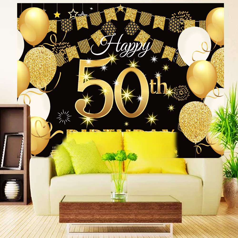 Saliyaa 7x5ft Happy 50th Birthday Backdrop,Happy Birthday Party Decoration, Black Gold Birthday Sign Poster Photo Booth Backdrop Background Banner for Men Women 50th Bday Anniversary Party Supplies