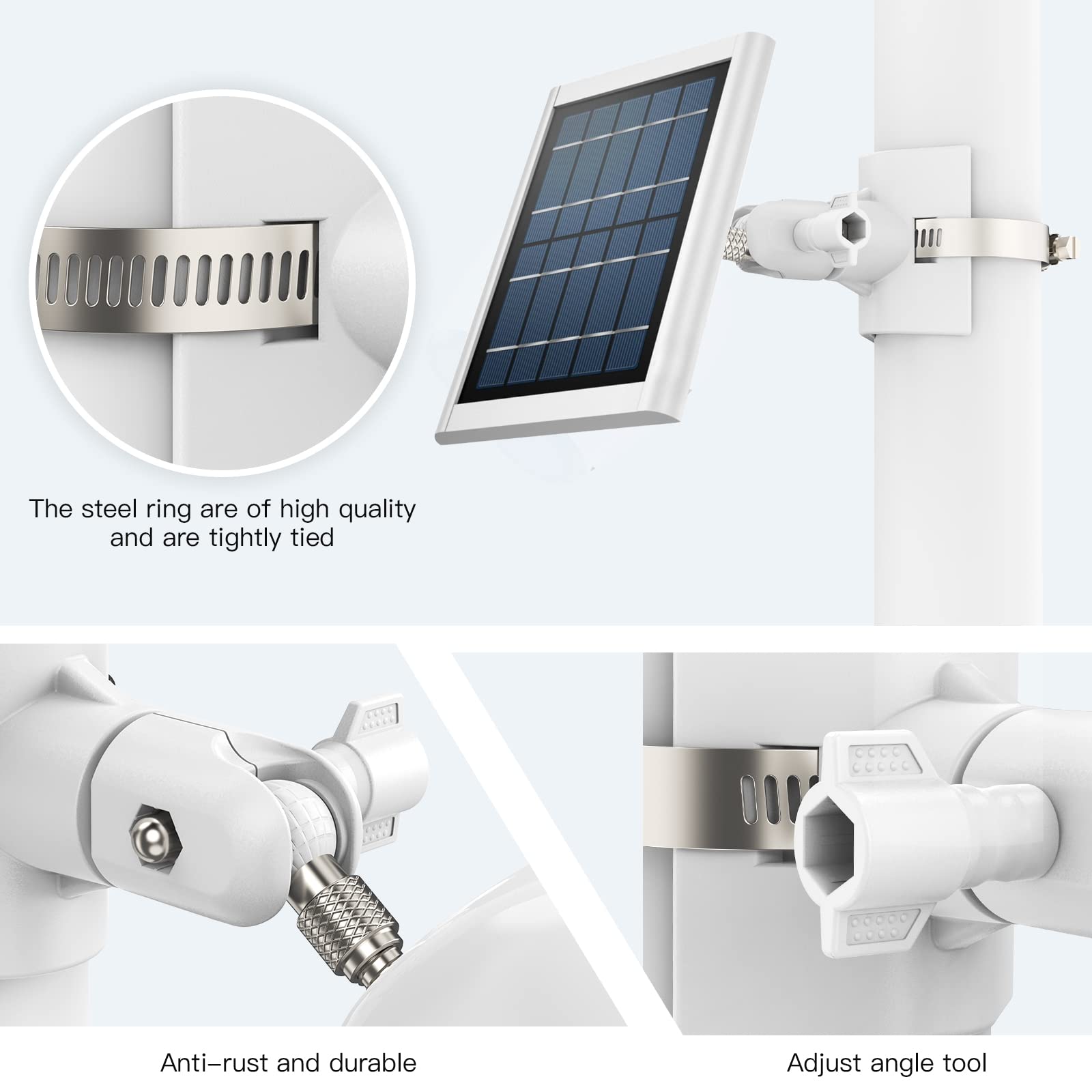 Outdoor Mount for Ring Solar Panel,Ring Super Solar Panel,Eufy,Wyze,Reolink，Arlo Solar Panels,Fits 1.96-7.87" Pole, Tree, Cylindri Rail, Drainage Pipe, No Punching(White, 1 Pack)