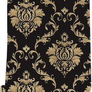 LIFAVOVY Upgrade Thickening Contact Paper Black Gold Damask Wall Paper 17.7 Inch x 32.8 FT Self Adhesive Peel and Stick Wallpaper for Kitchen Countertop Cabinet Furniture Bedroom Decor